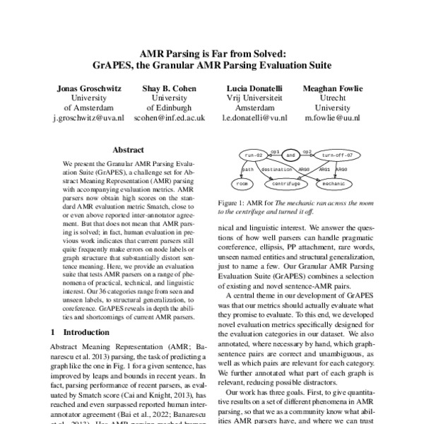 AMR Parsing is Far from Solved: GrAPES, the Granular AMR Parsing Evaluation Suite - ACL Anthology