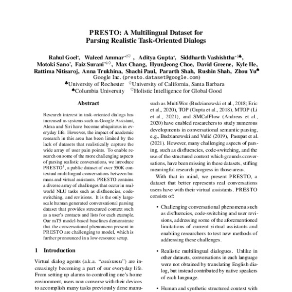 PRESTO: A Multilingual Dataset for Parsing Realistic Task-Oriented Dialogs - ACL Anthology