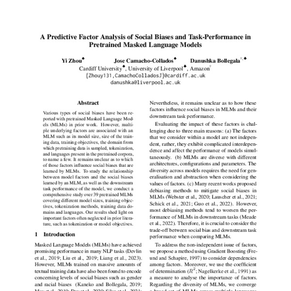 A Predictive Factor Analysis of Social Biases and Task-Performance in Pretrained Masked Language ...