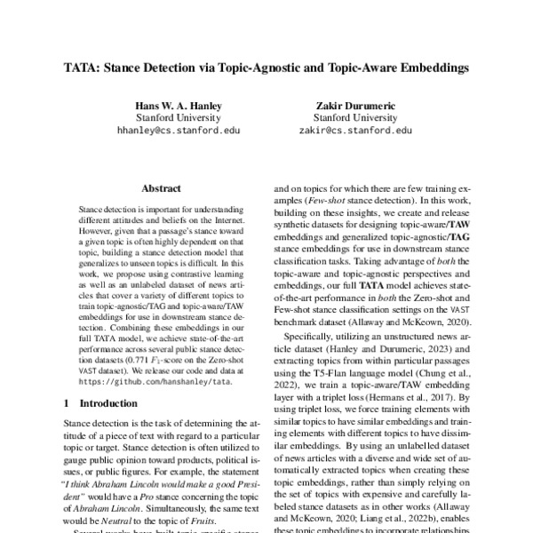 TATA: Stance Detection via Topic-Agnostic and Topic-Aware Embeddings - ACL Anthology