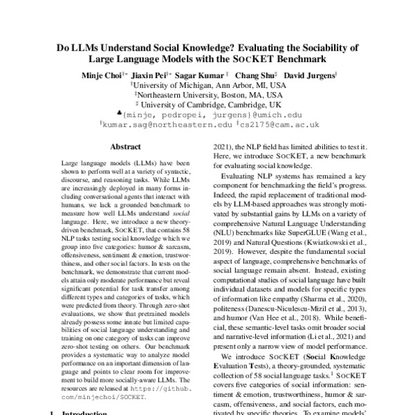 Do LLMs Understand Social Knowledge? Evaluating the Sociability of Large Language Models with ...