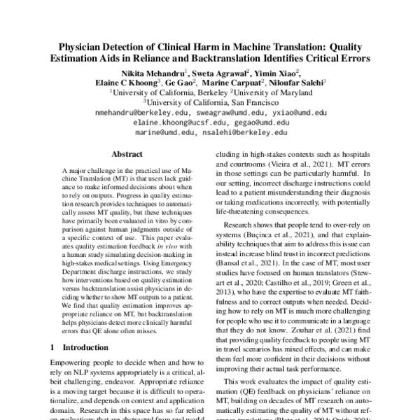 Physician Detection of Clinical Harm in Machine Translation: Quality Estimation Aids in Reliance ...