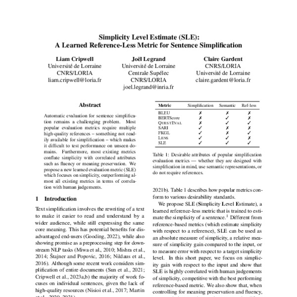 Simplicity Level Estimate (SLE): A Learned Reference-Less Metric for ...