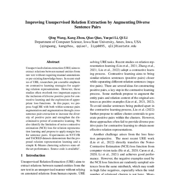 Improving Unsupervised Relation Extraction by Augmenting Diverse Sentence Pairs - ACL Anthology