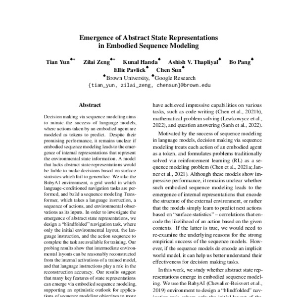 Emergence of Abstract State Representations in Embodied Sequence Modeling - ACL Anthology