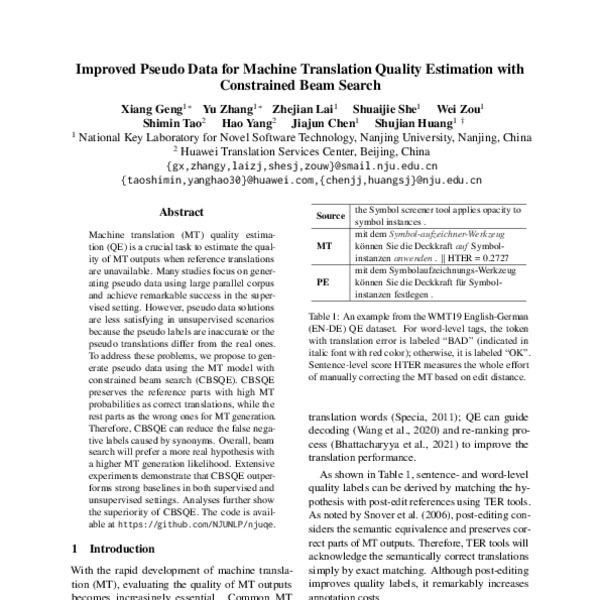 Improved Pseudo Data for Machine Translation Quality Estimation with Constrained Beam Search ...