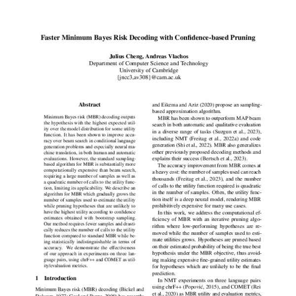 Faster Minimum Bayes Risk Decoding With Confidence Based Pruning Acl
