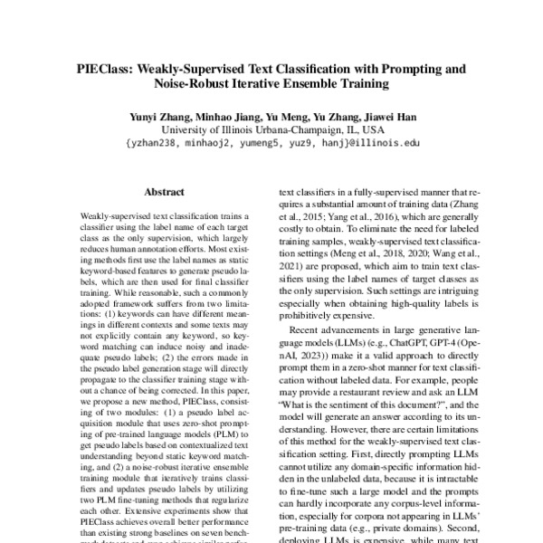 PIEClass: Weakly-Supervised Text Classification with Prompting and Noise-Robust Iterative ...