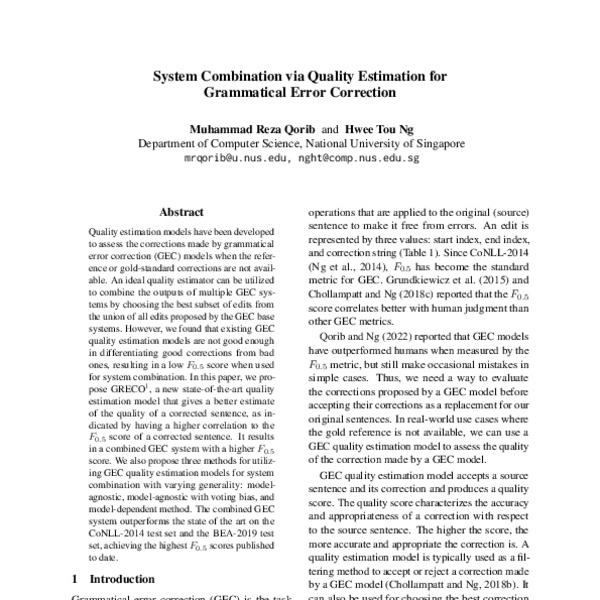 System Combination via Quality Estimation for Grammatical Error Correction - ACL Anthology