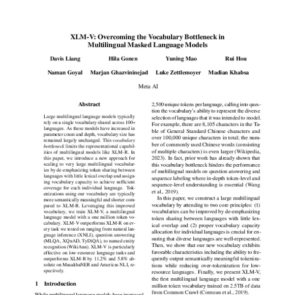 XLM-V: Overcoming the Vocabulary Bottleneck in Multilingual Masked Language Models - ACL Anthology