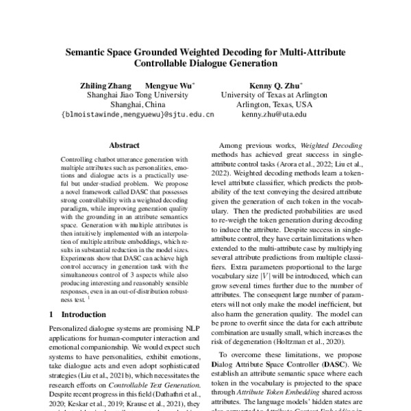 Semantic Space Grounded Weighted Decoding for Multi-Attribute Controllable Dialogue Generation ...