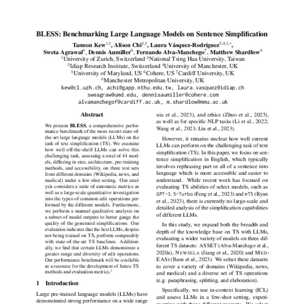 BLESS: Benchmarking Large Language Models on Sentence Simplification - ACL Anthology