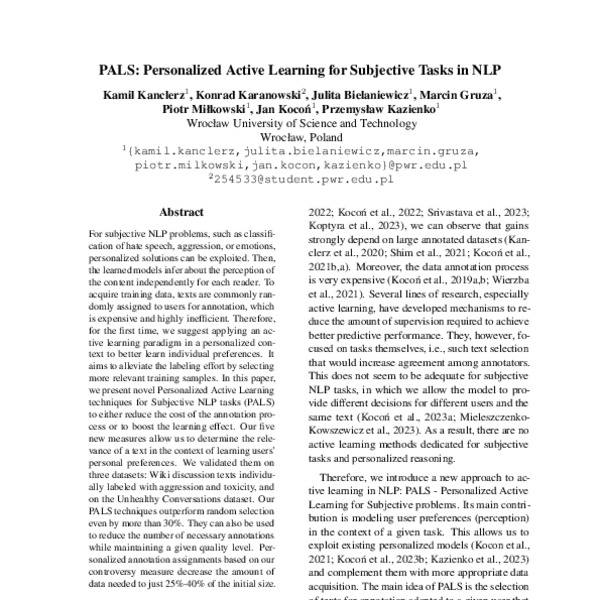 PALS: Personalized Active Learning for Subjective Tasks in NLP - ACL Anthology