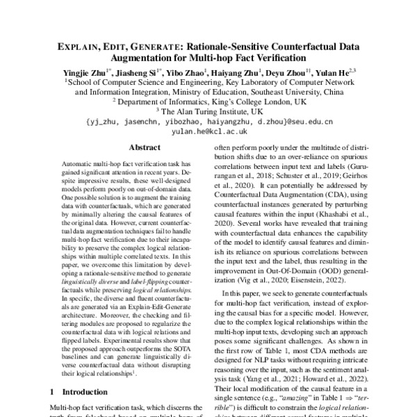 EXPLAIN, EDIT, GENERATE: Rationale-Sensitive Counterfactual Data Augmentation for Multi-hop Fact ...