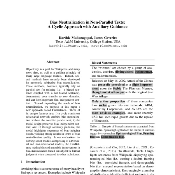 Bias Neutralization in Non-Parallel Texts: A Cyclic Approach with ...