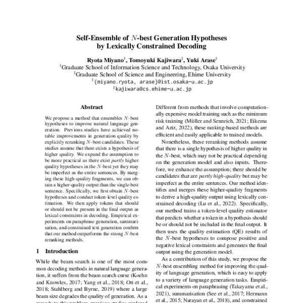 Self-Ensemble of N-best Generation Hypotheses by Lexically Constrained Decoding - ACL Anthology