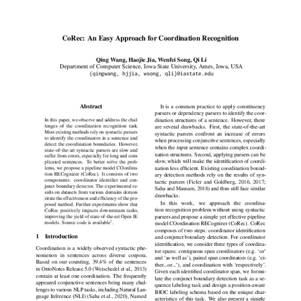 CoRec: An Easy Approach for Coordination Recognition - ACL Anthology