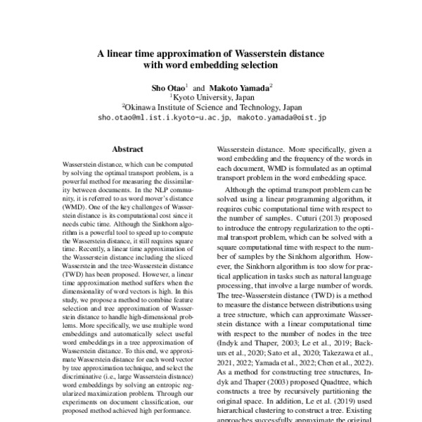A linear time approximation of Wasserstein distance with word embedding ...