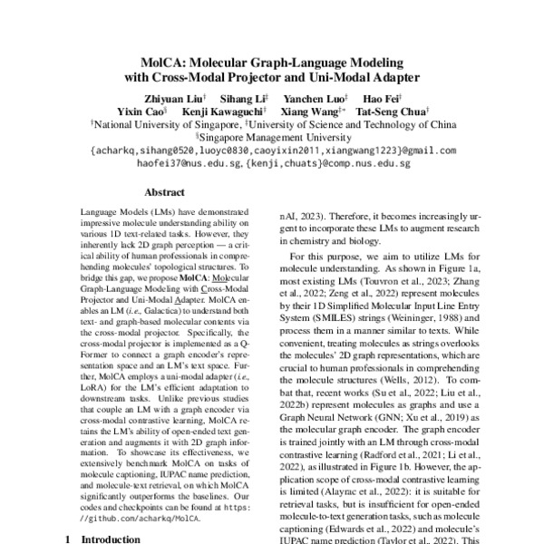 MolCA: Molecular Graph-Language Modeling with Cross-Modal Projector and ...