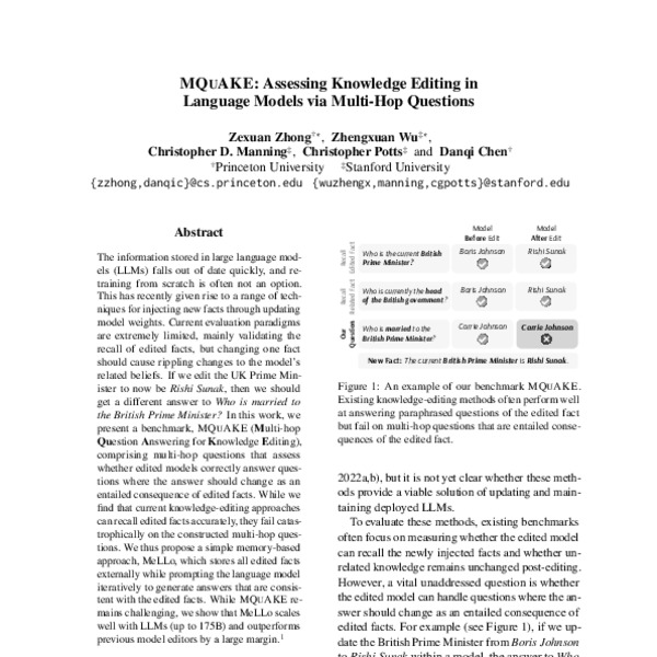 MQuAKE: Assessing Knowledge Editing in Language Models via Multi-Hop Questions - ACL Anthology