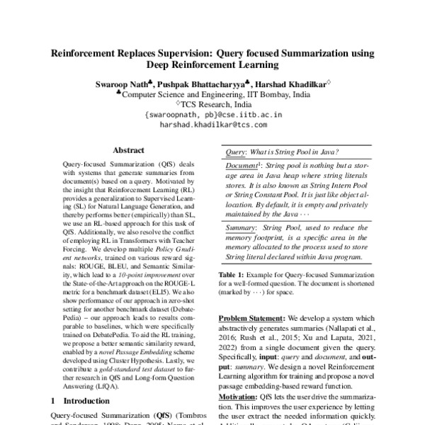 Reinforcement Replaces Supervision Query Focused Summarization Using