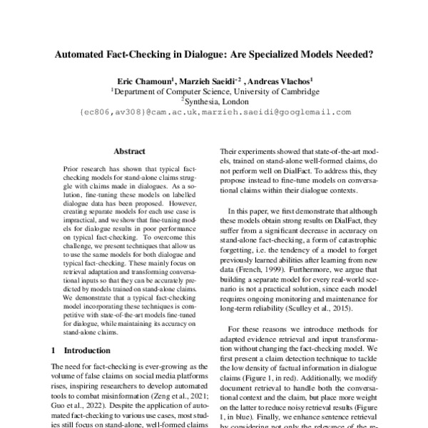 Automated Fact Checking In Dialogue Are Specialized Models Needed Acl Anthology