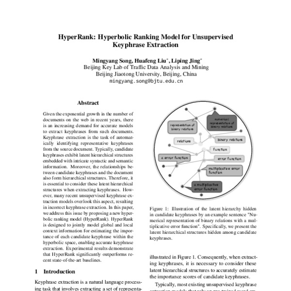 HyperRank: Hyperbolic Ranking Model for Unsupervised Keyphrase Extraction - ACL Anthology