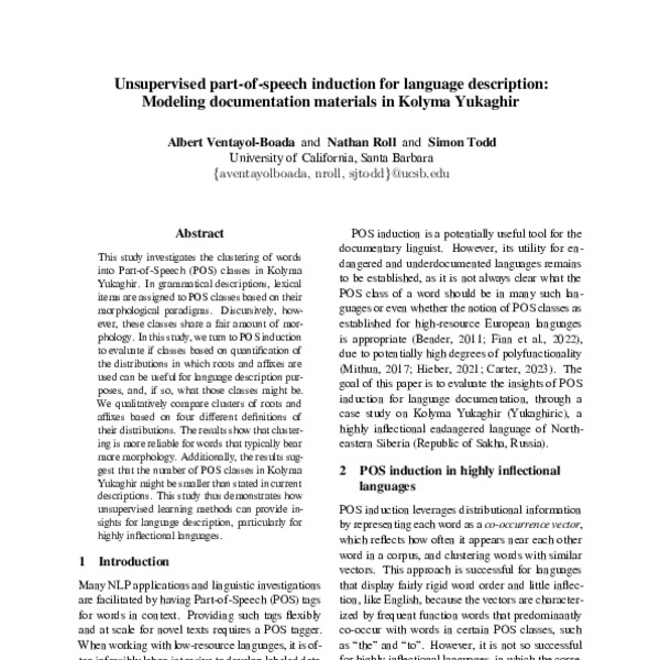 Unsupervised part-of-speech induction for language description: Modeling documentation materials ...