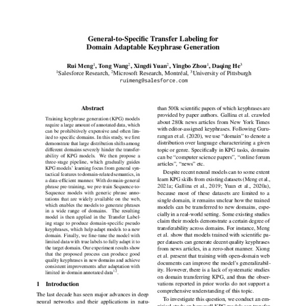 General-to-Specific Transfer Labeling for Domain Adaptable Keyphrase Generation - ACL Anthology