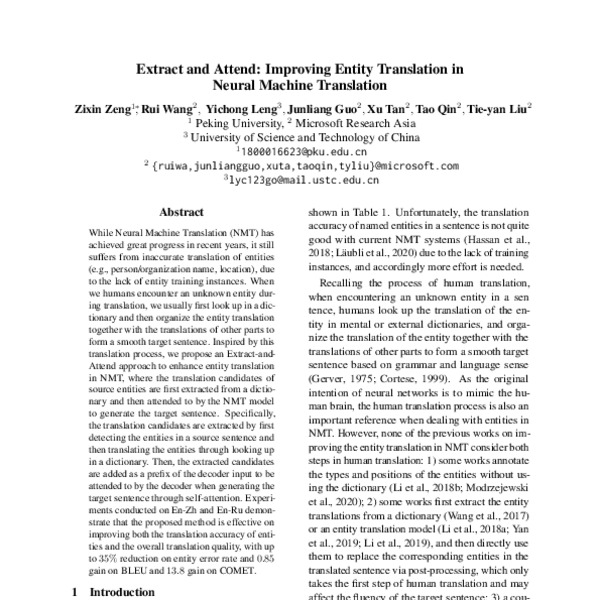 Extract and Attend: Improving Entity Translation in Neural Machine Translation - ACL Anthology