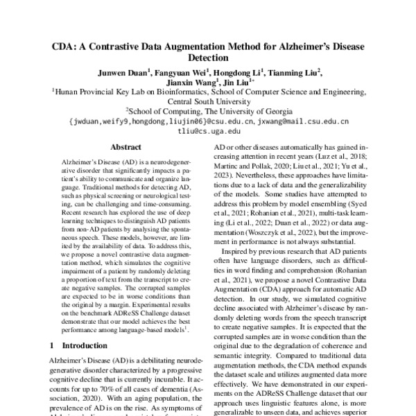 CDA: A Contrastive Data Augmentation Method for Alzheimer’s Disease Detection - ACL Anthology