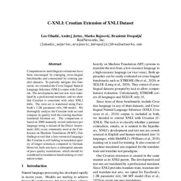 C-XNLI: Croatian Extension of XNLI Dataset - ACL Anthology