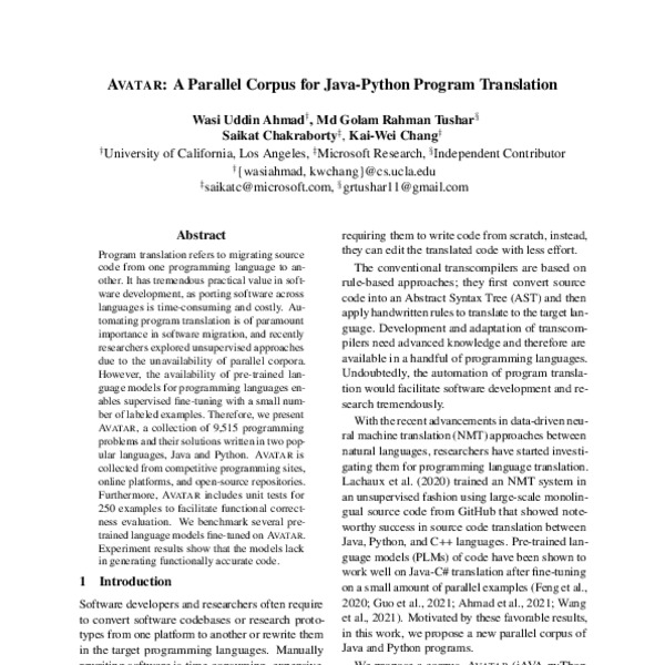 Avatar A Parallel Corpus For Java Python Program Translation Acl