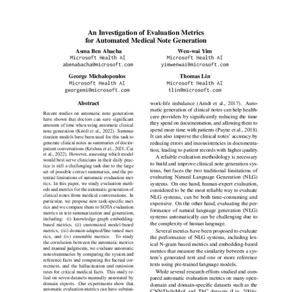 An Investigation of Evaluation Methods in Automatic Medical Note Generation - ACL Anthology