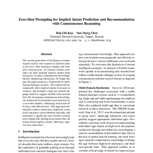 Zero Shot Prompting For Implicit Intent Prediction And Recommendation With Commonsense Reasoning