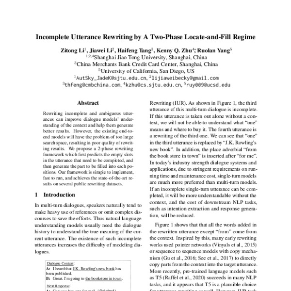 Incomplete Utterance Rewriting by A Two-Phase Locate-and-Fill Regime - ACL Anthology