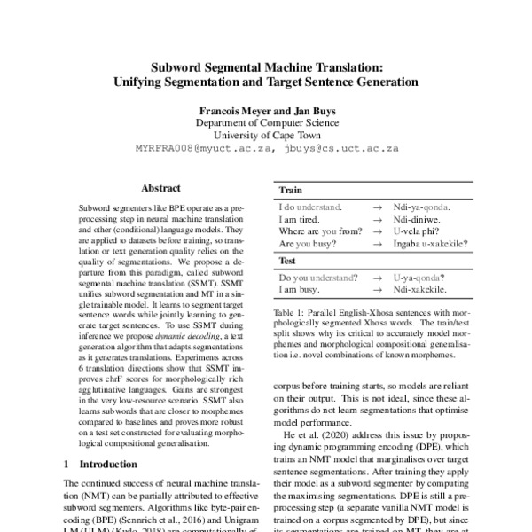 Subword Segmental Machine Translation: Unifying Segmentation and Target Sentence Generation ...