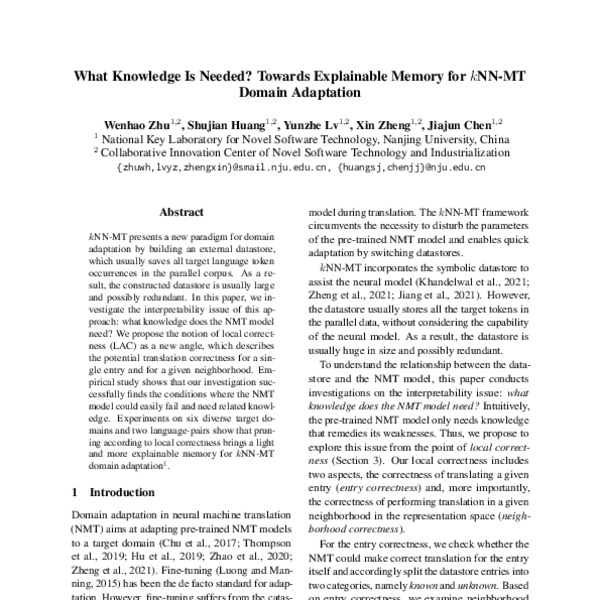 What Knowledge Is Needed? Towards Explainable Memory for kNN-MT Domain Adaptation - ACL Anthology