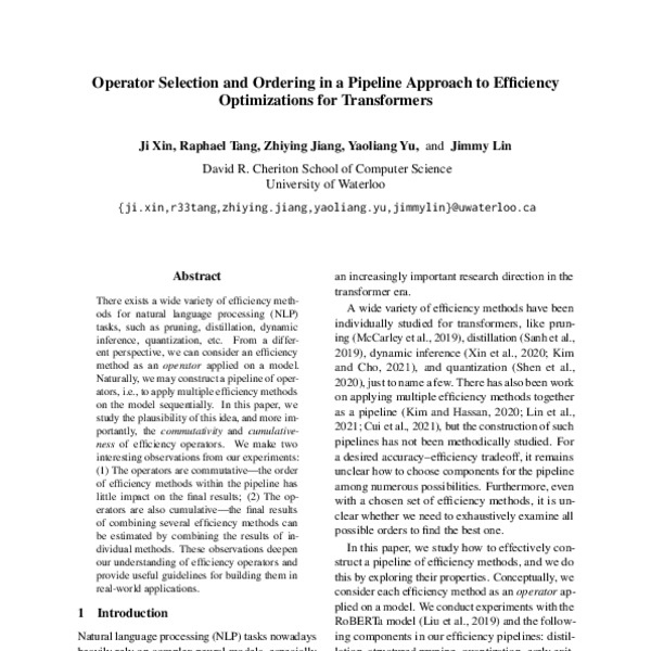 Operator Selection And Ordering In A Pipeline Approach To Efficiency