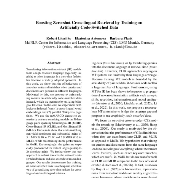 Boosting Zero-shot Cross-lingual Retrieval by Training on Artificially Code-Switched Data - ACL ...