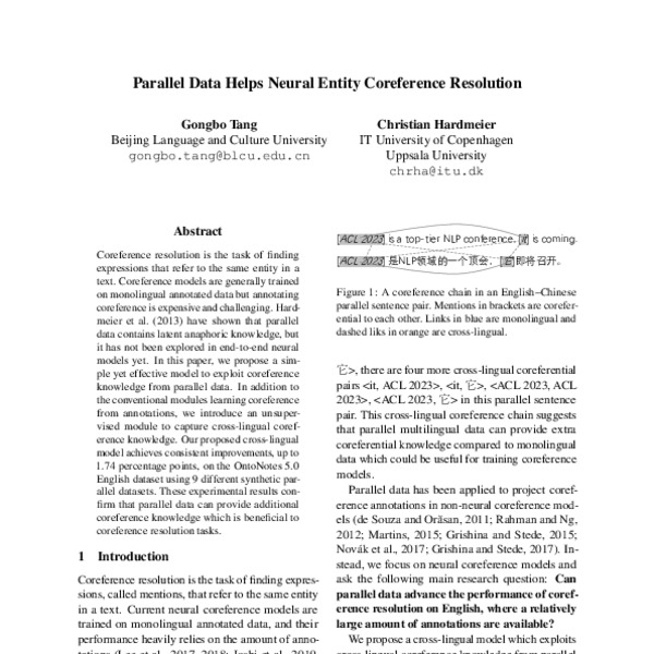 Parallel Data Helps Neural Entity Coreference Resolution Acl Anthology 8442