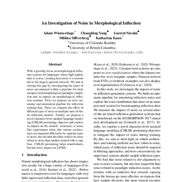 An Investigation of Noise in Morphological Inflection - ACL Anthology