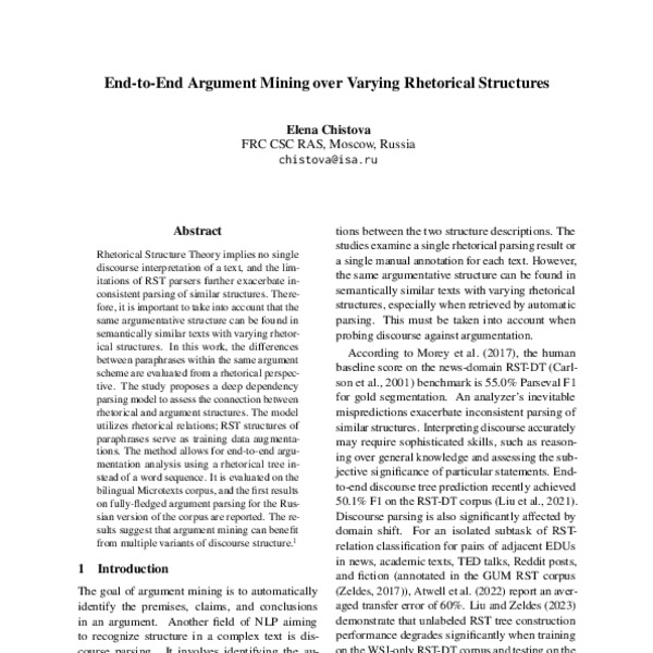 End-to-End Argument Mining over Varying Rhetorical Structures - ACL Anthology