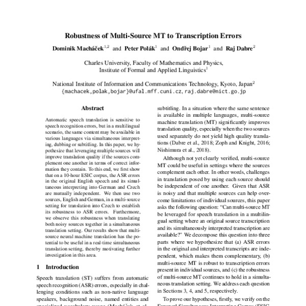 Robustness of Multi-Source MT to Transcription Errors - ACL Anthology