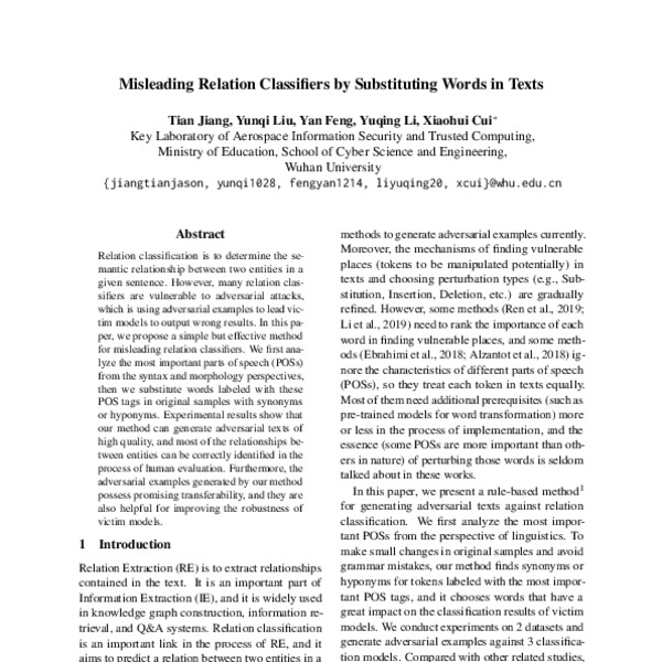 Misleading Relation Classifiers by Substituting Words in Texts - ACL Anthology