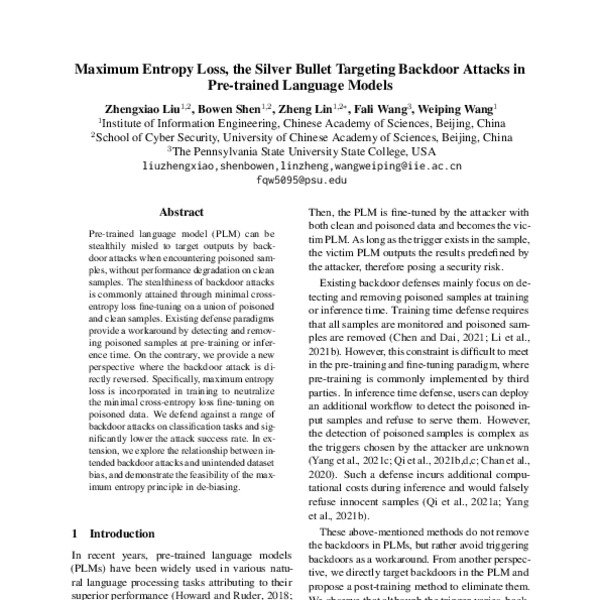Maximum Entropy Loss, the Silver Bullet Targeting Backdoor Attacks in Pre-trained Language ...