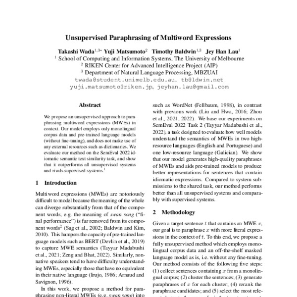 Unsupervised Paraphrasing of Multiword Expressions - ACL Anthology