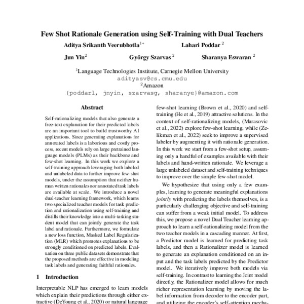 Few Shot Rationale Generation using Self-Training with Dual Teachers - ACL Anthology