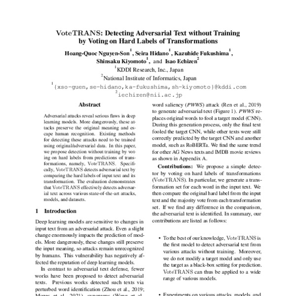 VoteTRANS: Detecting Adversarial Text without Training by Voting on Hard Labels of ...