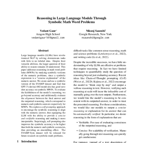 Reasoning In Large Language Models Through Symbolic Math Word Problems 